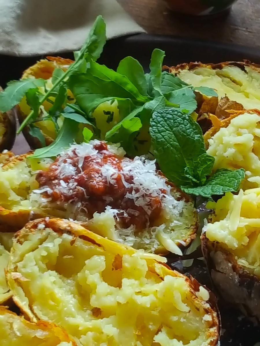 Jacket-baked potatoes with crusty skins and fluffy centres!