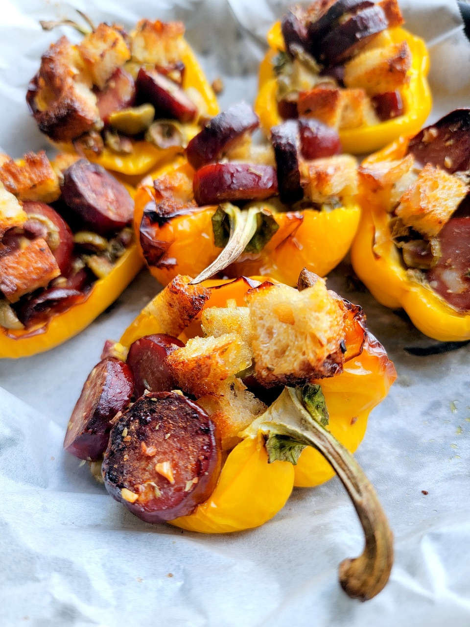 Baked Yellow Peppers with Chorizo, Olives & Oregano - Shared Kitchen